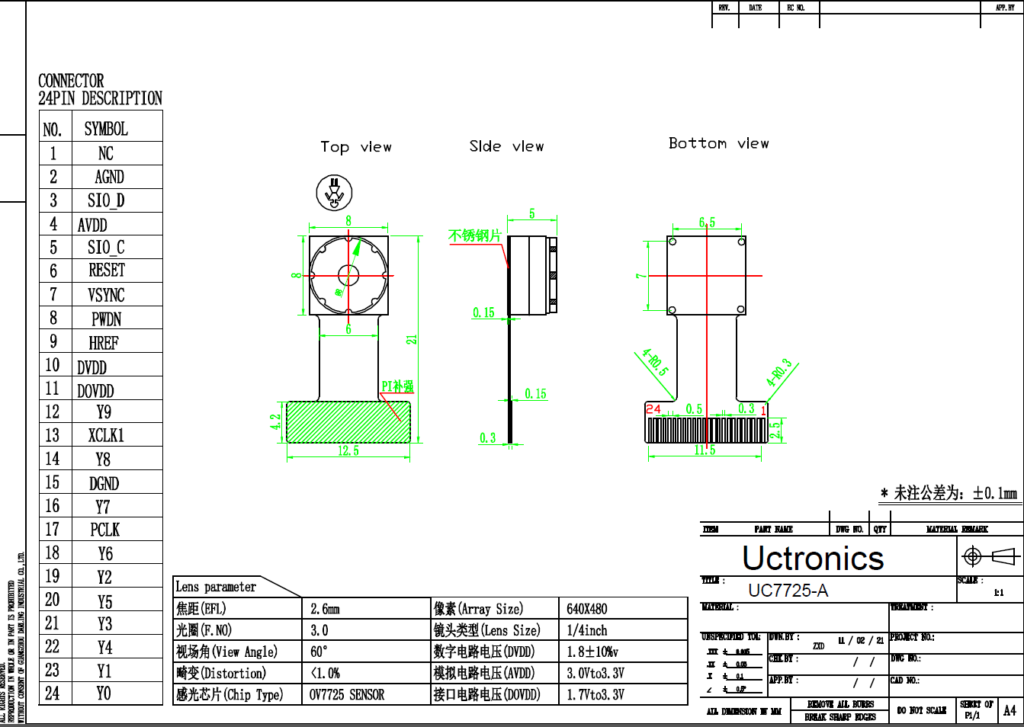OV7725A Sensor – 0.3 MP Standalone SCCB Camera – discontinued – dlscorp